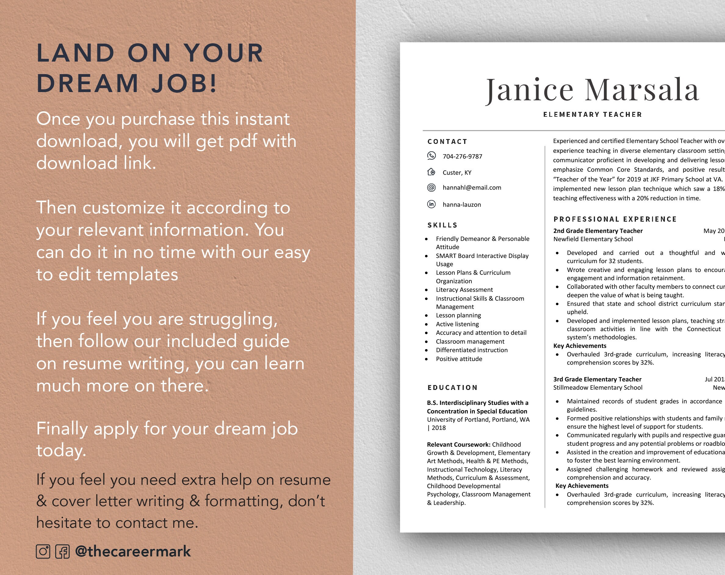 Teacher Resume Template for Word & Mac Pages, Modern Resume, CV ...