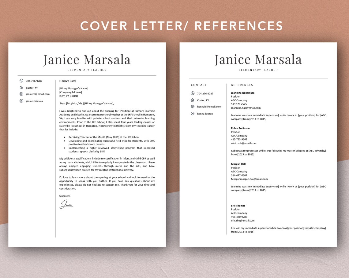 Teacher Resume Template for Word & Mac Pages, Modern Resume, CV ...