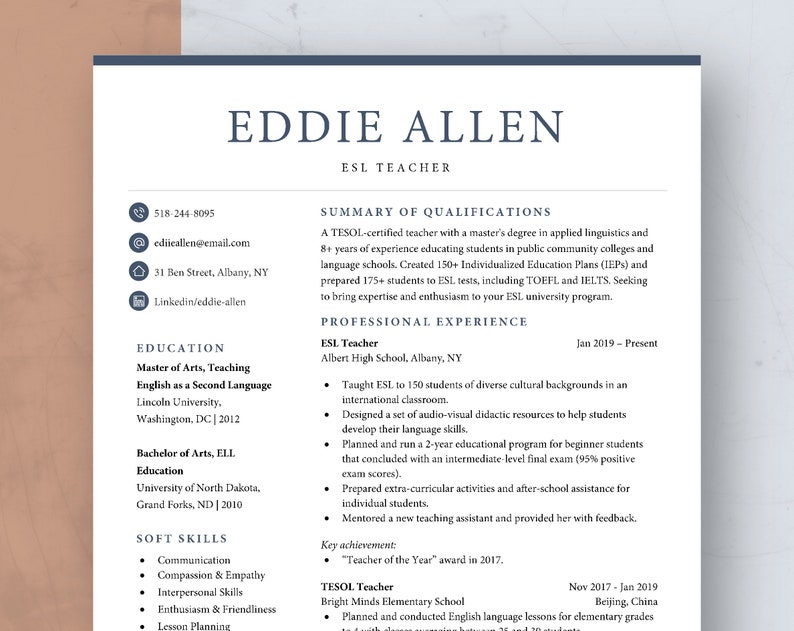 Teacher Resume Template Word & Pages, Professional Resume, CV Template ...
