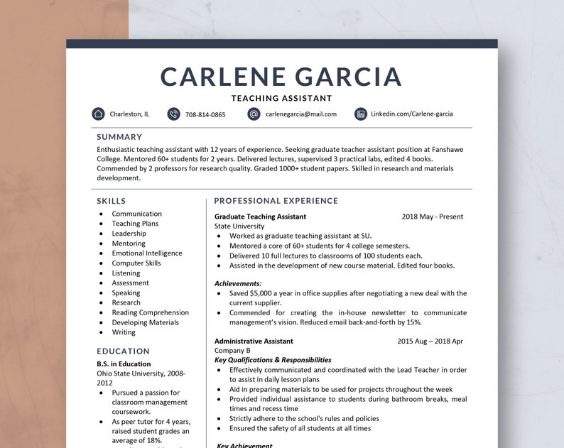 Modern Resume Template for Word & Mac Pages, Teaching Assistant Resume ...