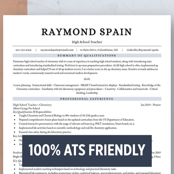 Teacher Resume Template for Word & Mac Pages, Modern Resume, CV ...