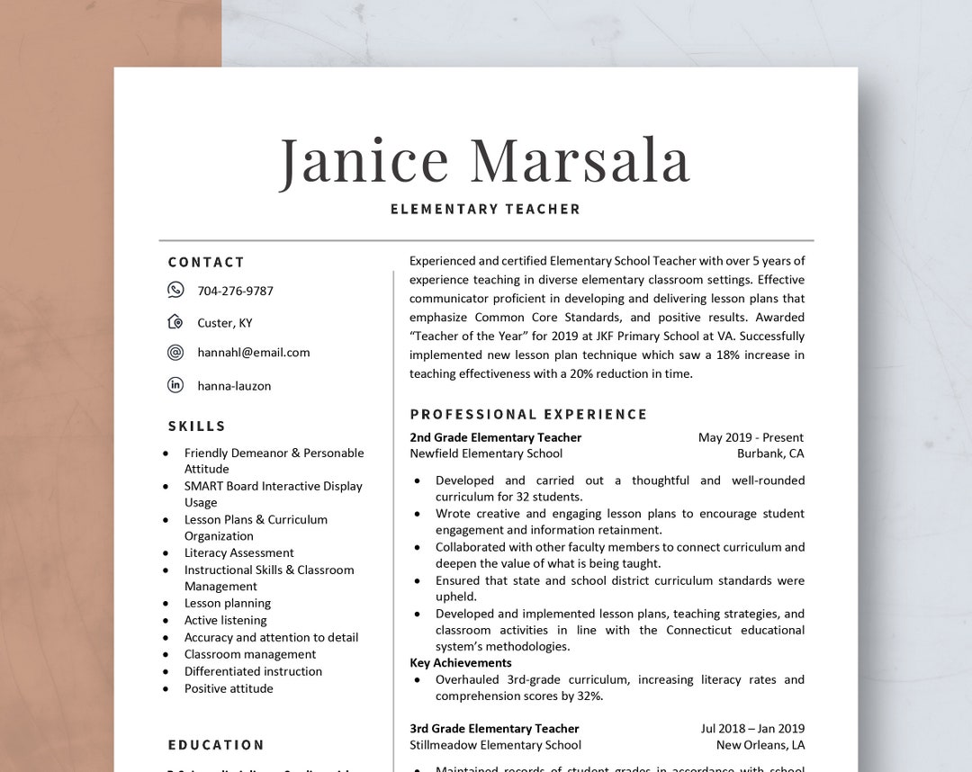 Teacher Resume Template for Word & Mac Pages, Modern Resume, CV ...