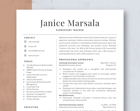 Teacher Resume Template for Word & Mac Pages Modern Resume - Etsy