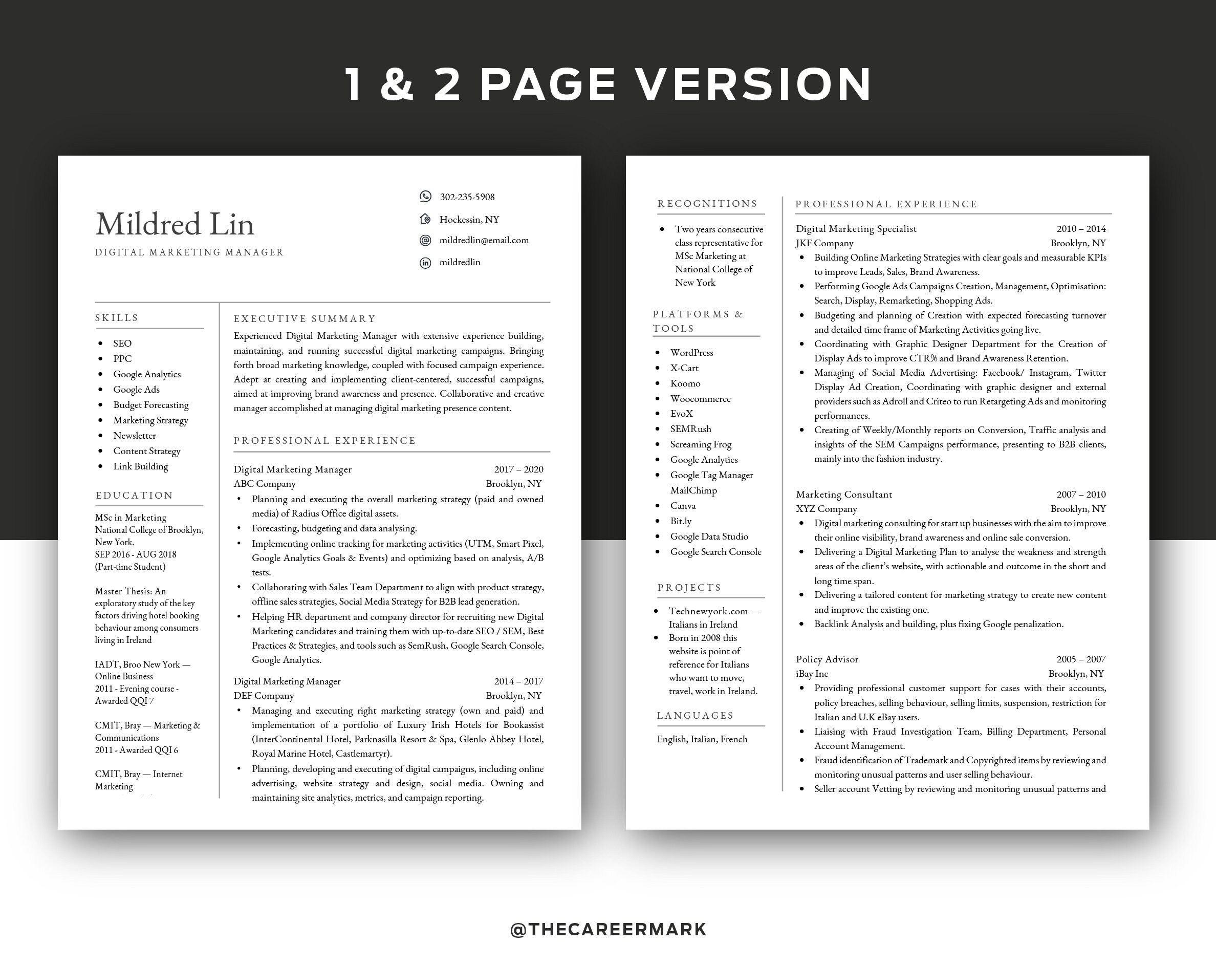 Resume Templates for Word & Pages, Manager Resume Template, Digital ...