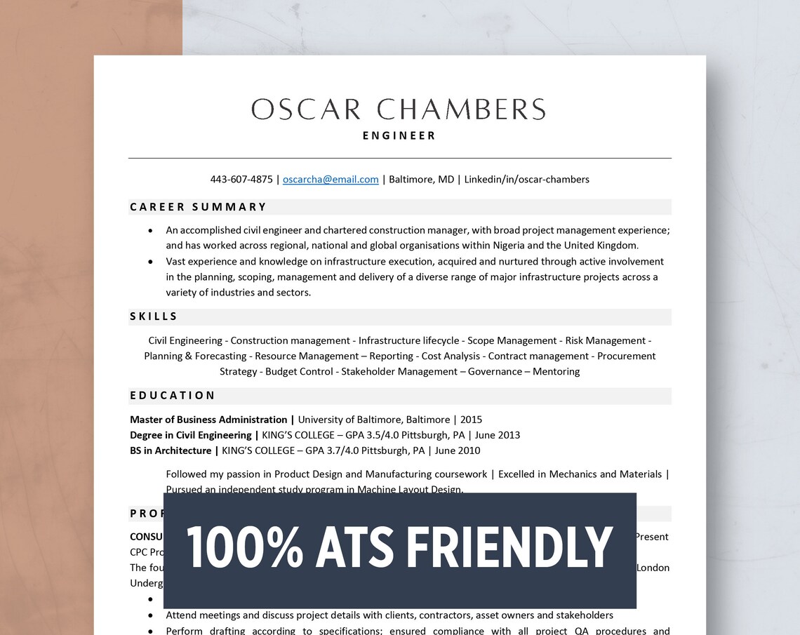 ATS Friendly Resume Template for Word & Mac Pages Modern | Etsy