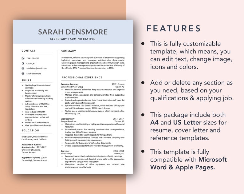 Modern Resume Template Word & Mac Pages Professional Resume - Etsy