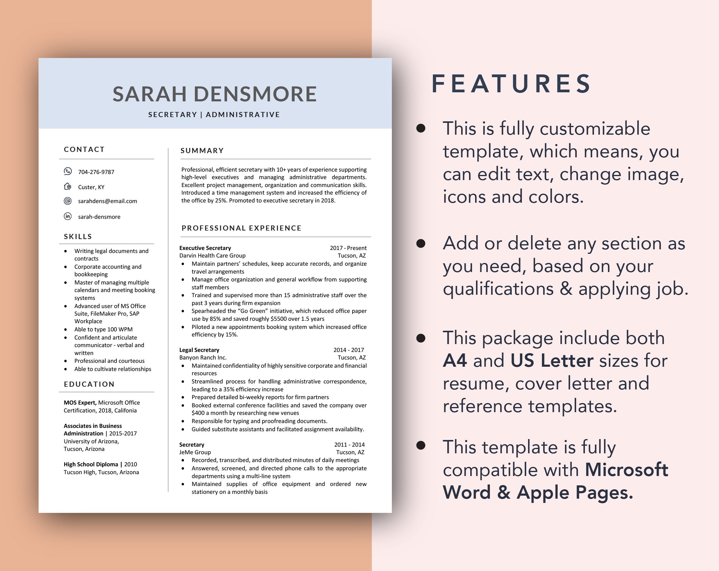 Modern Resume Template Word & Mac Pages Professional Resume - Etsy
