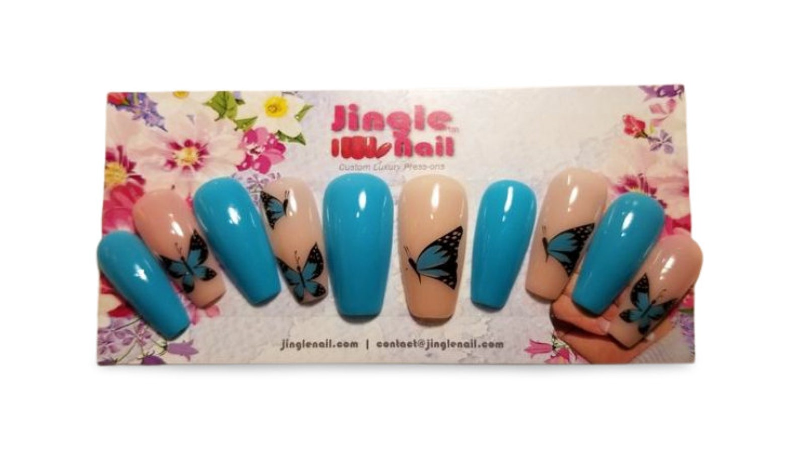 Butterfly Blue Long Nails Ballerina Shaped Full Coverage Gel Press on ...