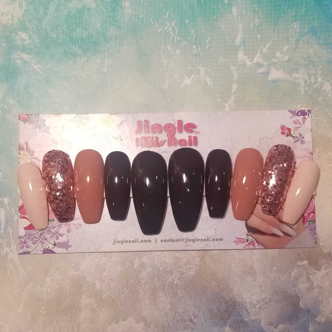 Neutral Beige Brown and Sequence Skinny Coffin Press on Nails Best ...