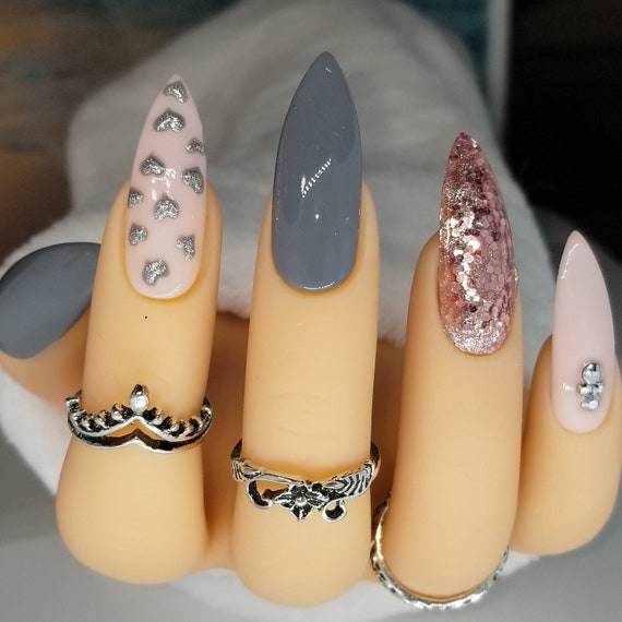 Grey Puffed Heart and Sequence Press on Nails Best Selling Acrylic Tips Strongest for Long Lasting Fake Nails Etsy Australia
