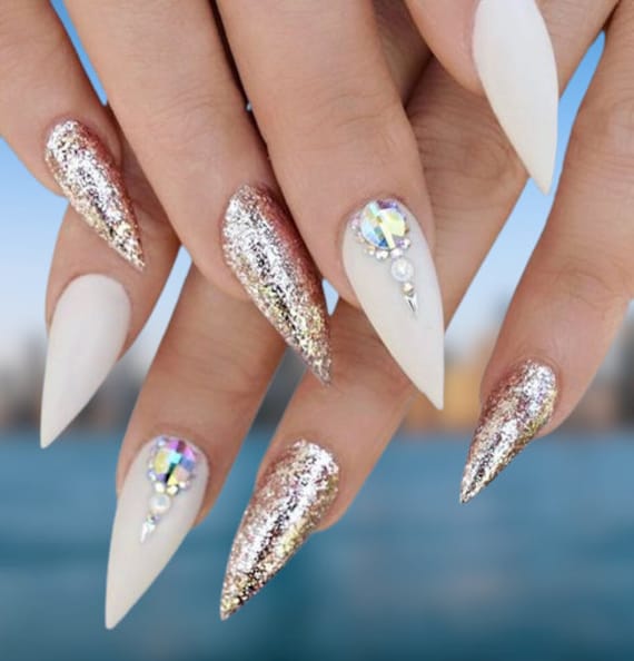 White Tusk Lucky Gold and Gemstones Best Selling Press on Nails Great Gift for Her Wedding Prom Bridal Party Elegant Style Glue on Tips Etsy