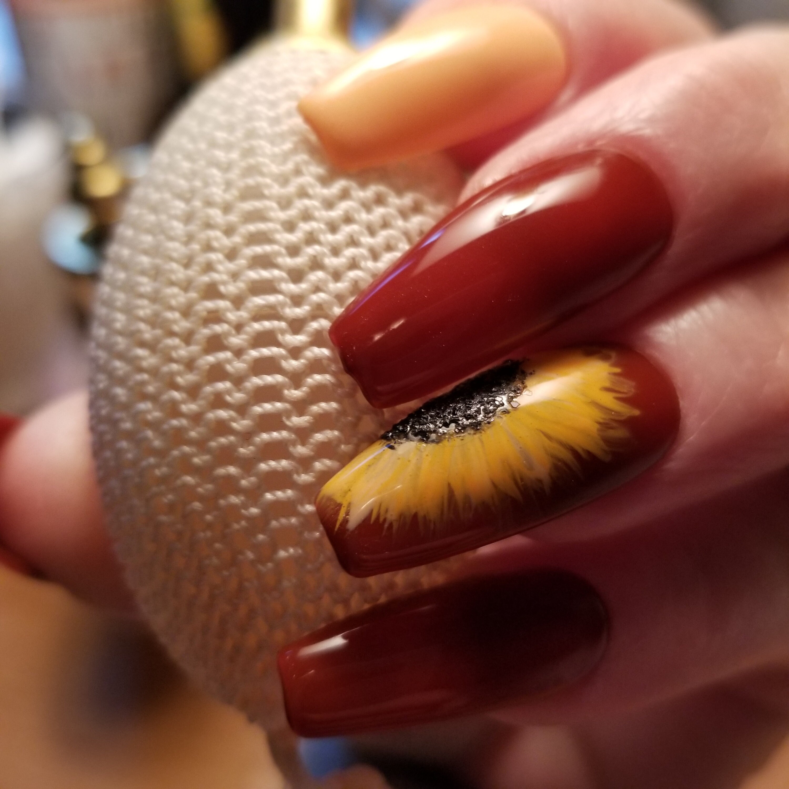 Rich Brick Burgundy Sunflower Nail Design Hard Gel Coated Long | Etsy