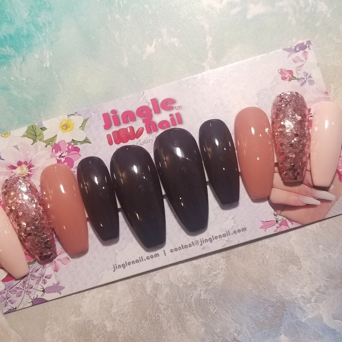 Neutral Beige Brown and Sequence Skinny Coffin Press on Nails Best ...