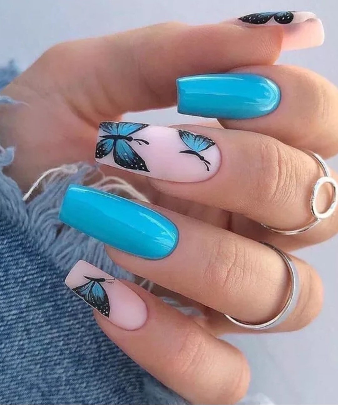 Butterfly Blue Long Nails Ballerina Shaped Full Coverage Gel Press on ...