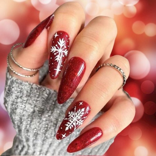 Deep Red and Snowflake Acrylic Press on Nails Great for Christmas Nails Winter New Years Gift Trending Nail Design All Sizes Available Etsy