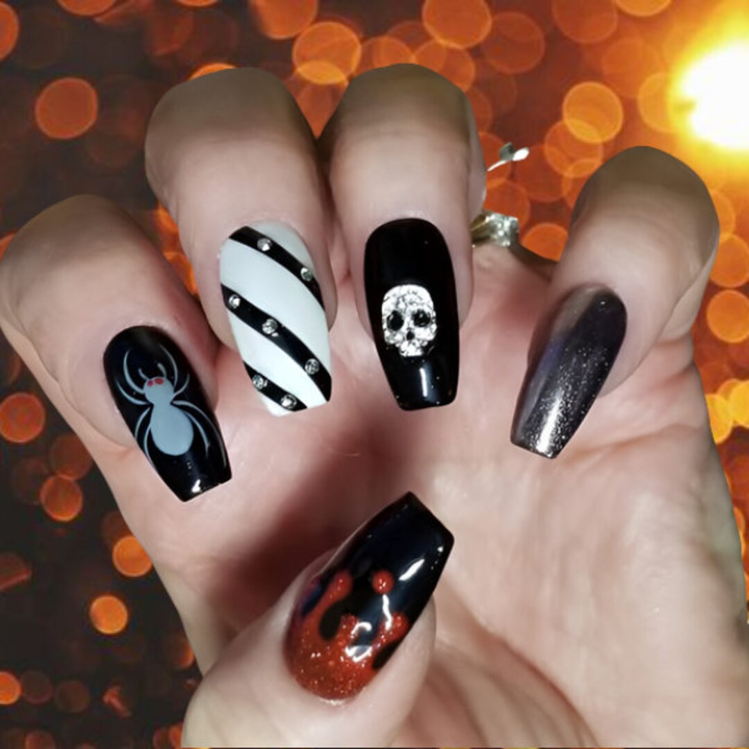 Black Halloween Skull Spider Jail Bars Blood Drip Design Best Press on ...