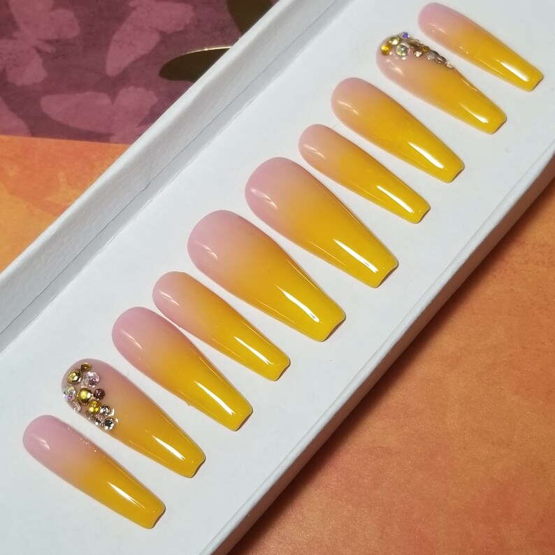 GORGEOUS Pink and Yellow Ombre Fade Design Rhinestones Acrylic - Etsy