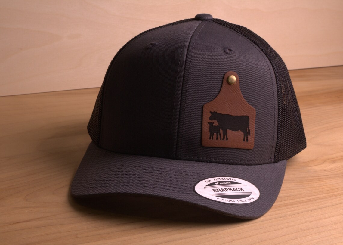 Cow Tag Baseball Cap, Trucker Style Hat, Structured Leather Patch Hat ...