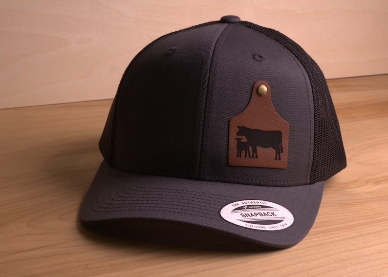 Cow Tag Baseball Cap, Trucker Style Hat, Structured Leather Patch Hat ...