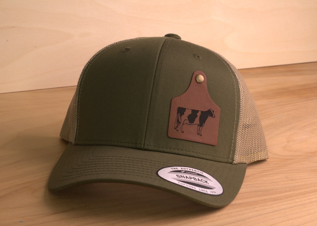 Cow Tag Baseball Cap, Trucker Style Hat, Structured Leather Patch Hat ...