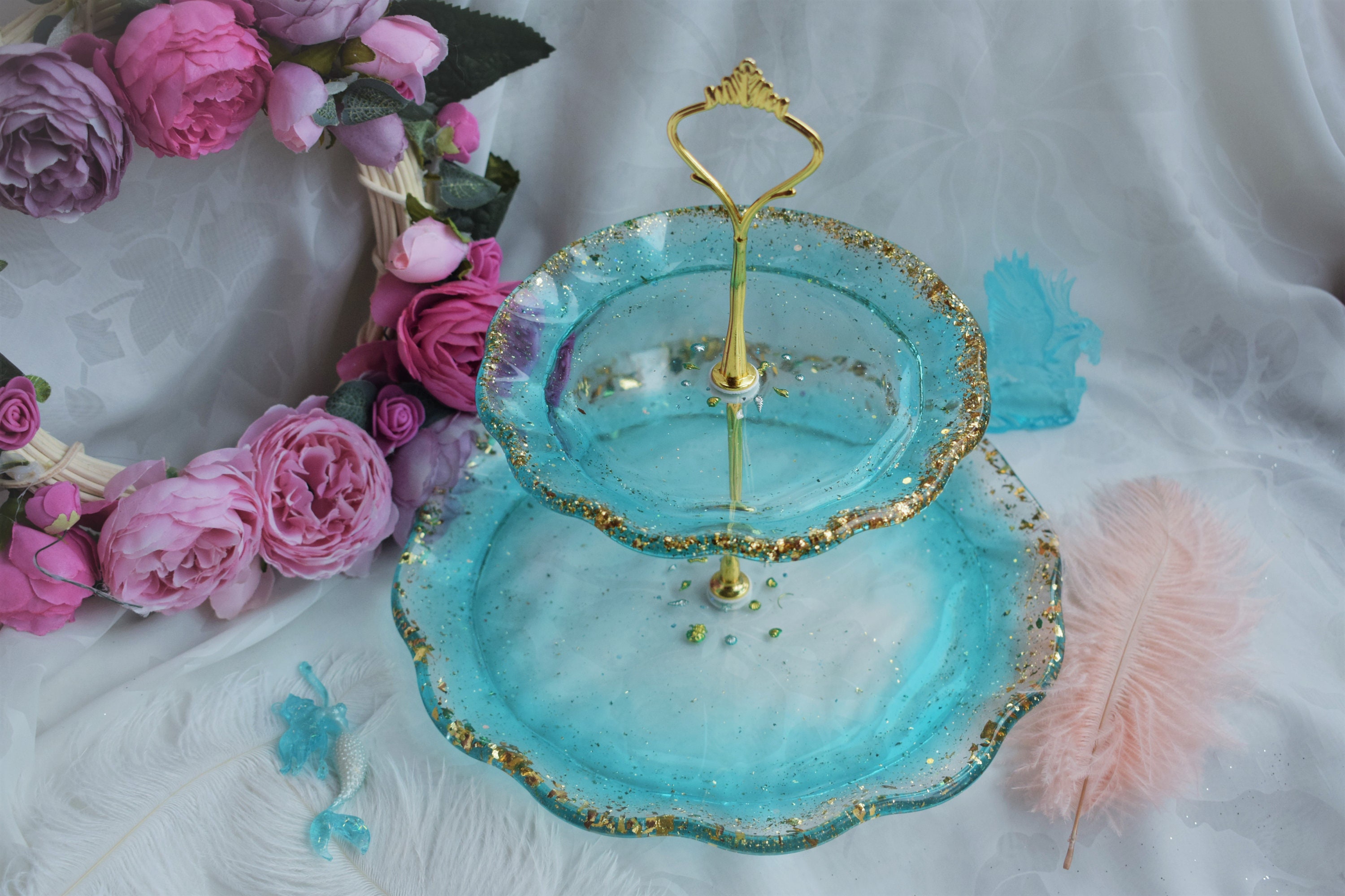 2 Tier Tray Crystal Blue Aquamarine Ocean Inspired - Etsy