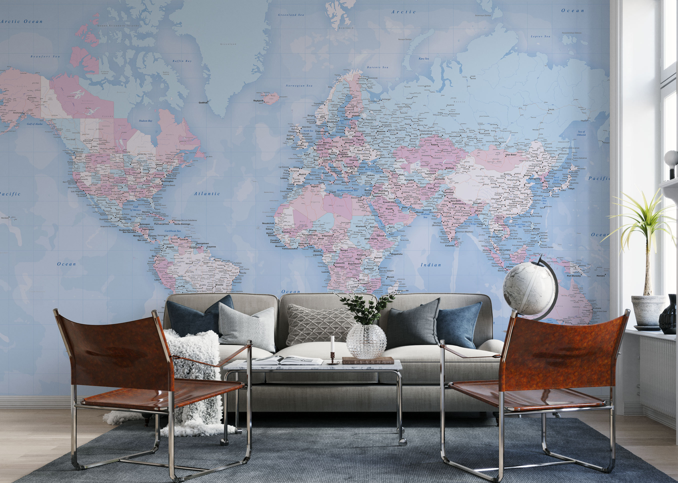 Detailed Light Color World Map Wallpaper Blue Political - Etsy UK