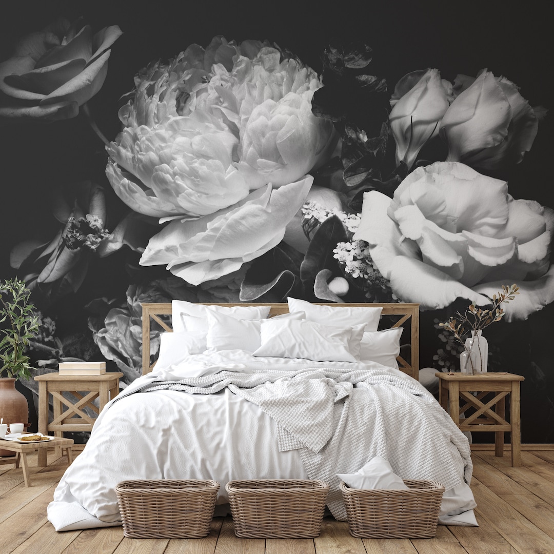 Black & White Rose Flower Wallpaper Mural - Monochromatic Elegance for ...