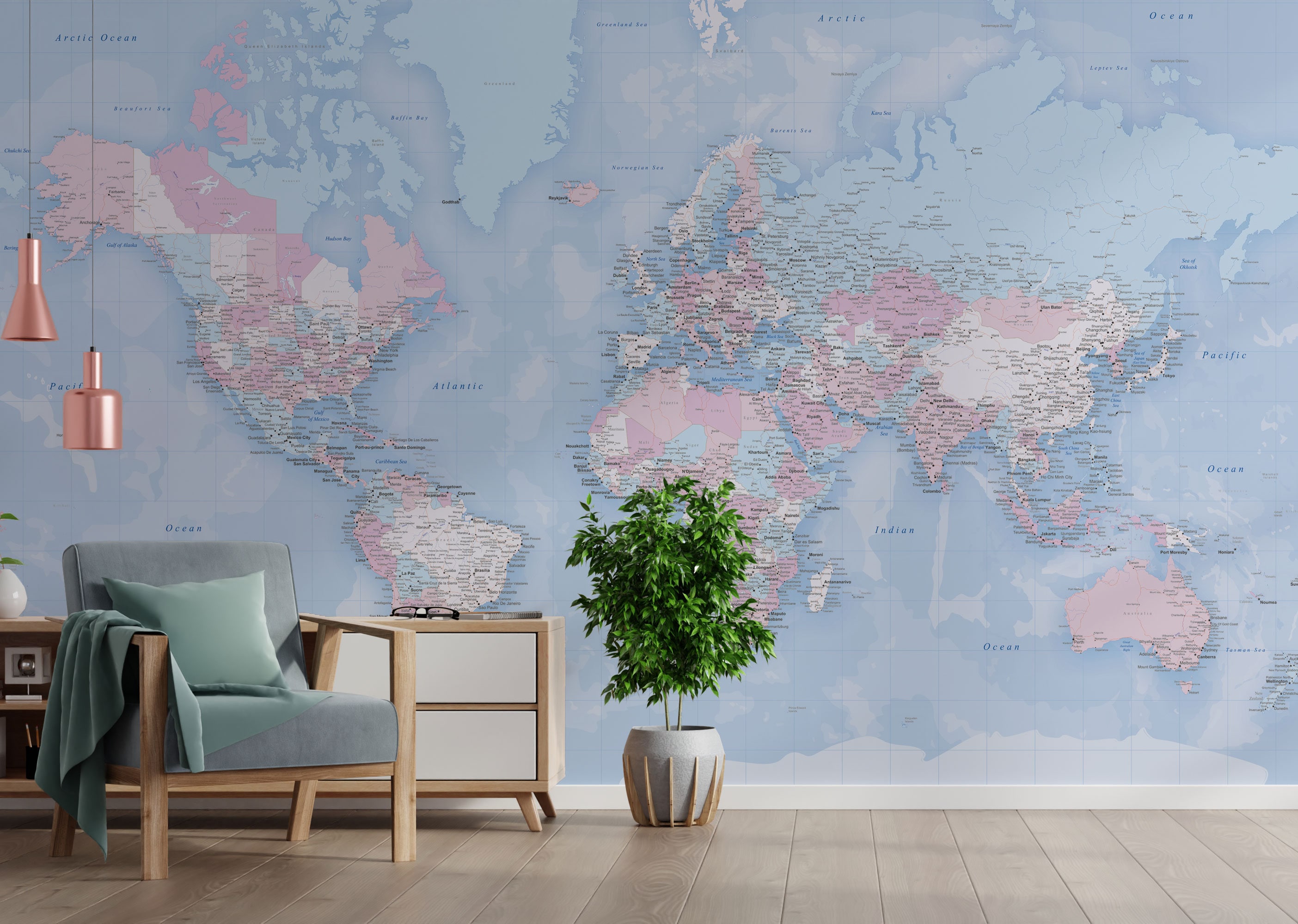 Detailed Light color World map Wallpaper Blue Political | Etsy