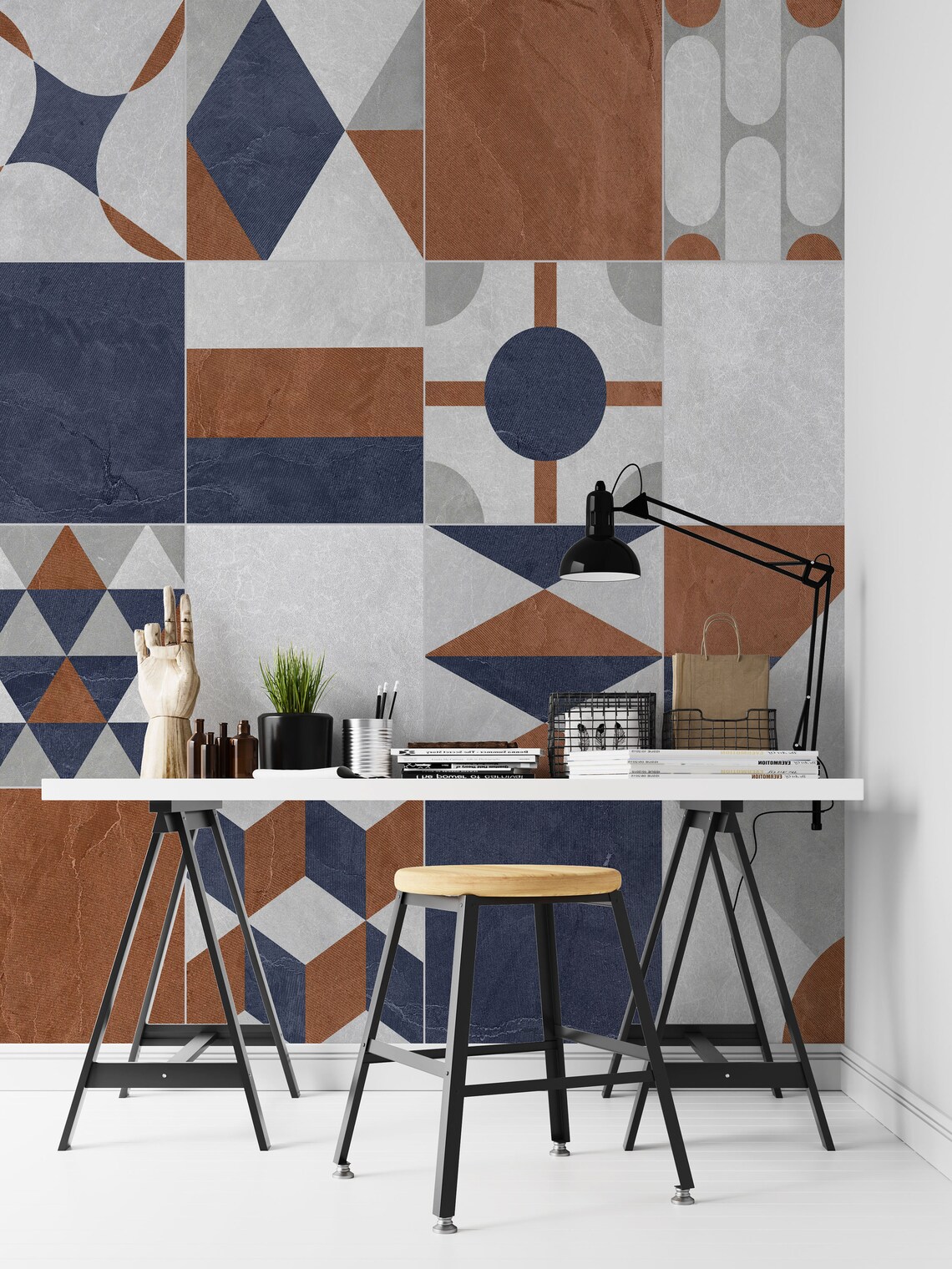 Tile Pattern Wallpaper Retro Wall Design Peel and Stick Mural | Etsy