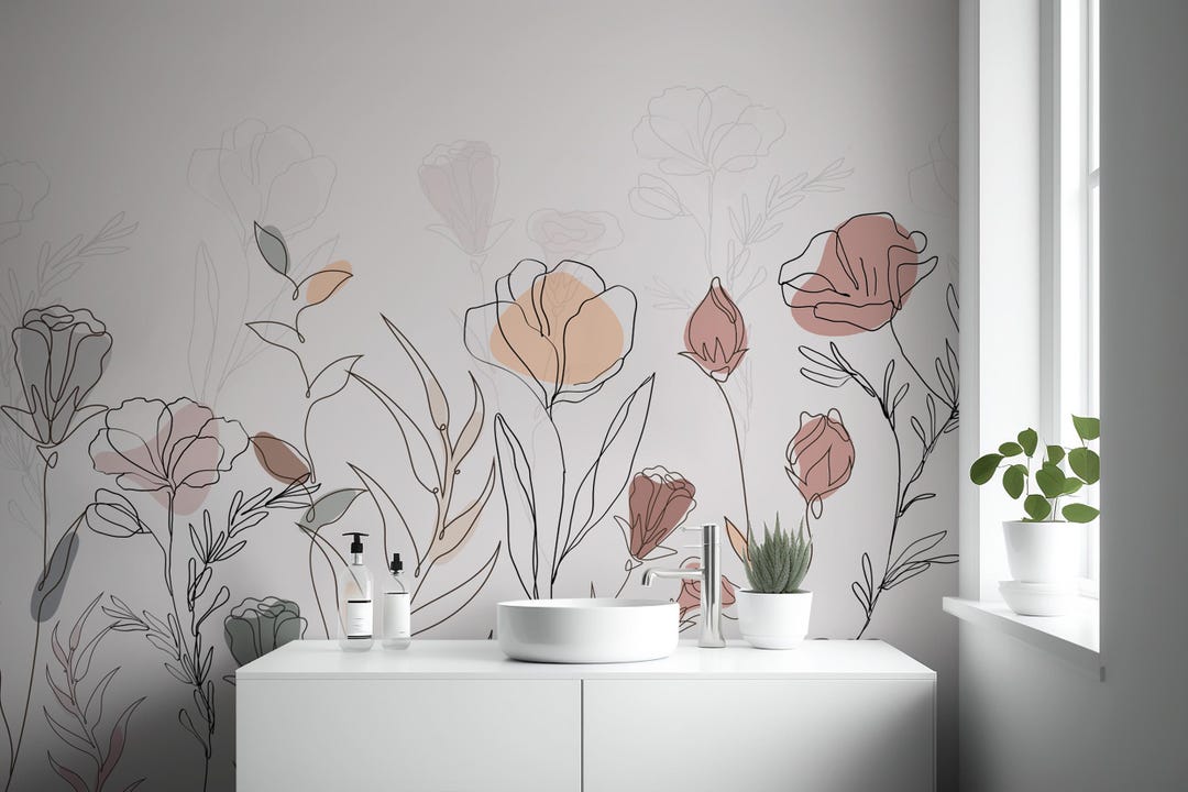 Abstract Botanical Flower Line Drawing Wallpaper-d220 - Etsy