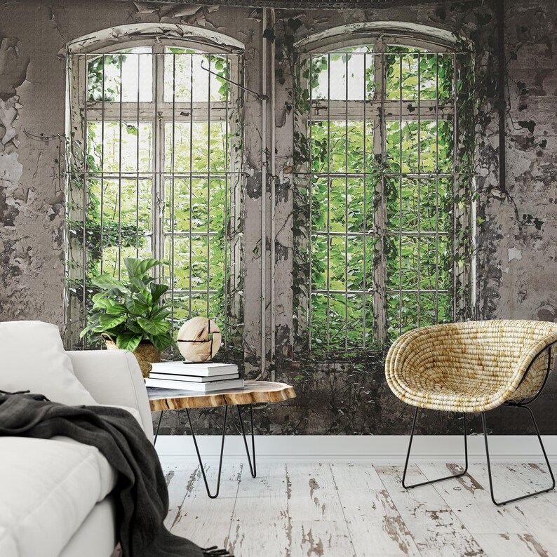 Vintage Window View Wallpaper Mural: Rustic Nature Landscape Wall Decor ...