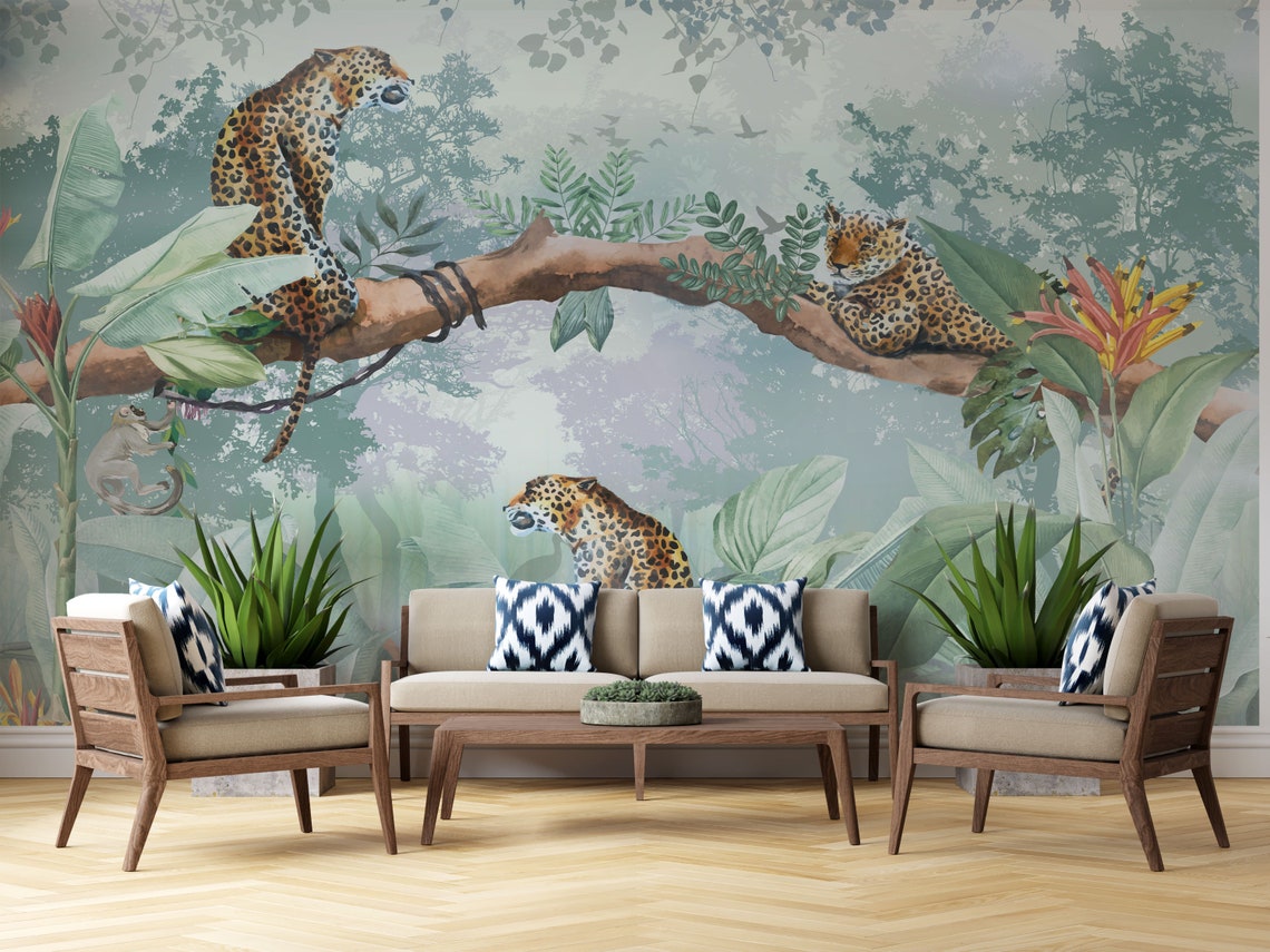 Leopard on the Tree in the Jungle Wallpaper Mural Peel and - Etsy