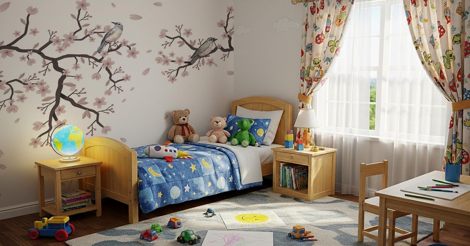 Serenity in Bloom | Soft Cherry Blossom & Bird Wallpaper Mural - Etsy