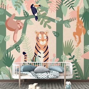 Unique Kids Room Tiger Jungle Wallpaper Mural Colorful Safari Animals ...
