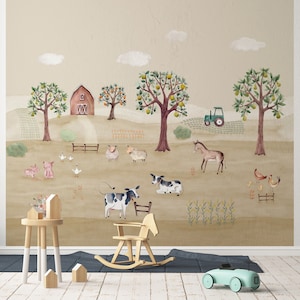 Cute Farm Animal Wallpaper Mural Peel & Stick Wall Art for Nursery Theme, Rustic Farmhouse Decor ...