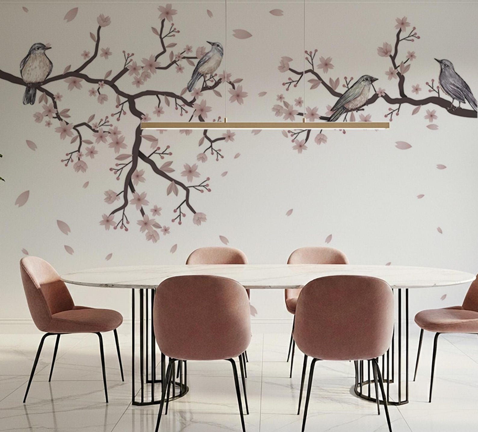 Serenity in Bloom | Soft Cherry Blossom & Bird Wallpaper Mural - Etsy