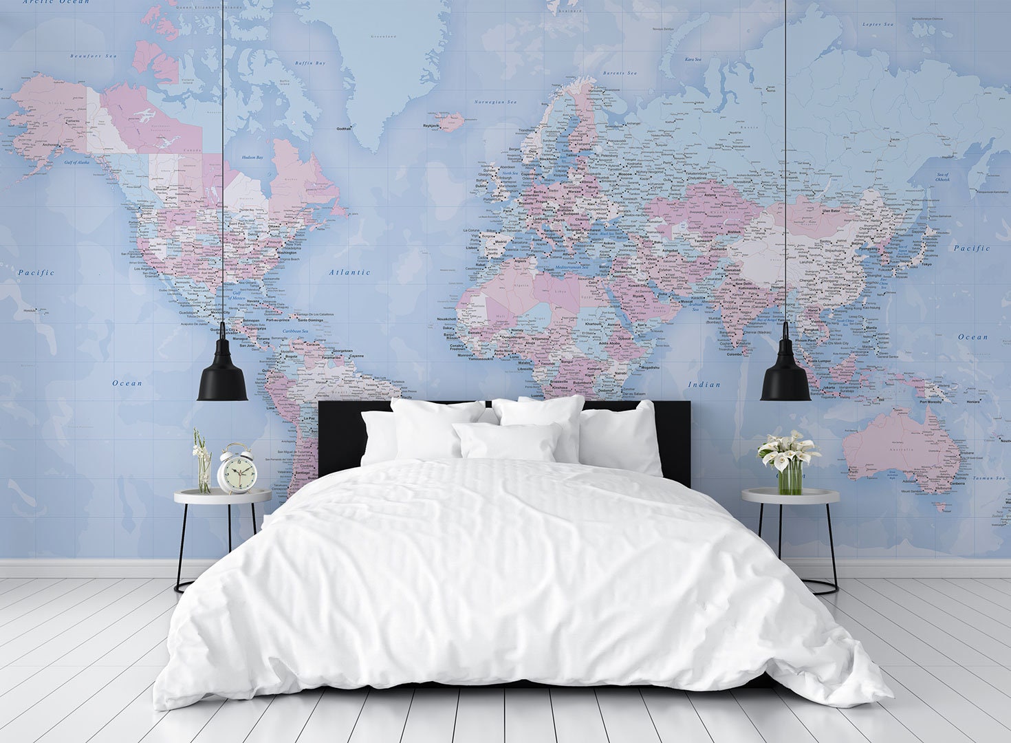 Detailed Light Color World Map Wallpaper Blue Political - Etsy UK