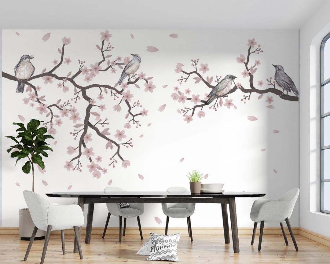Serenity in Bloom | Soft Cherry Blossom & Bird Wallpaper Mural - Etsy