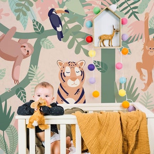 Unique Kids Room Tiger Jungle Wallpaper Mural Colorful Safari Animals ...