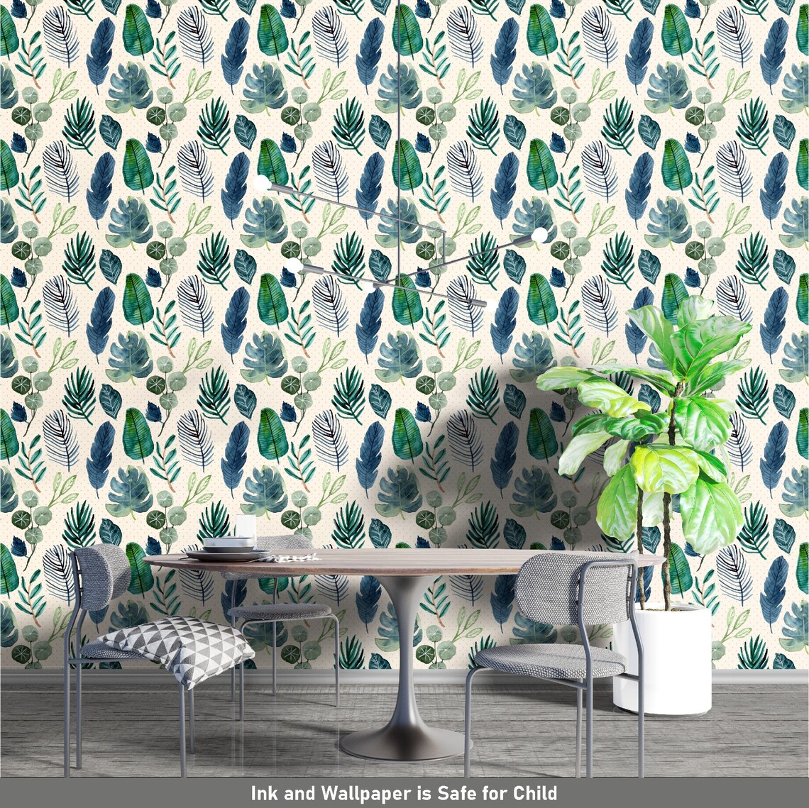 Watercolor Wallpaper Green Leaf Pattern Wallpaper Peel and - Etsy