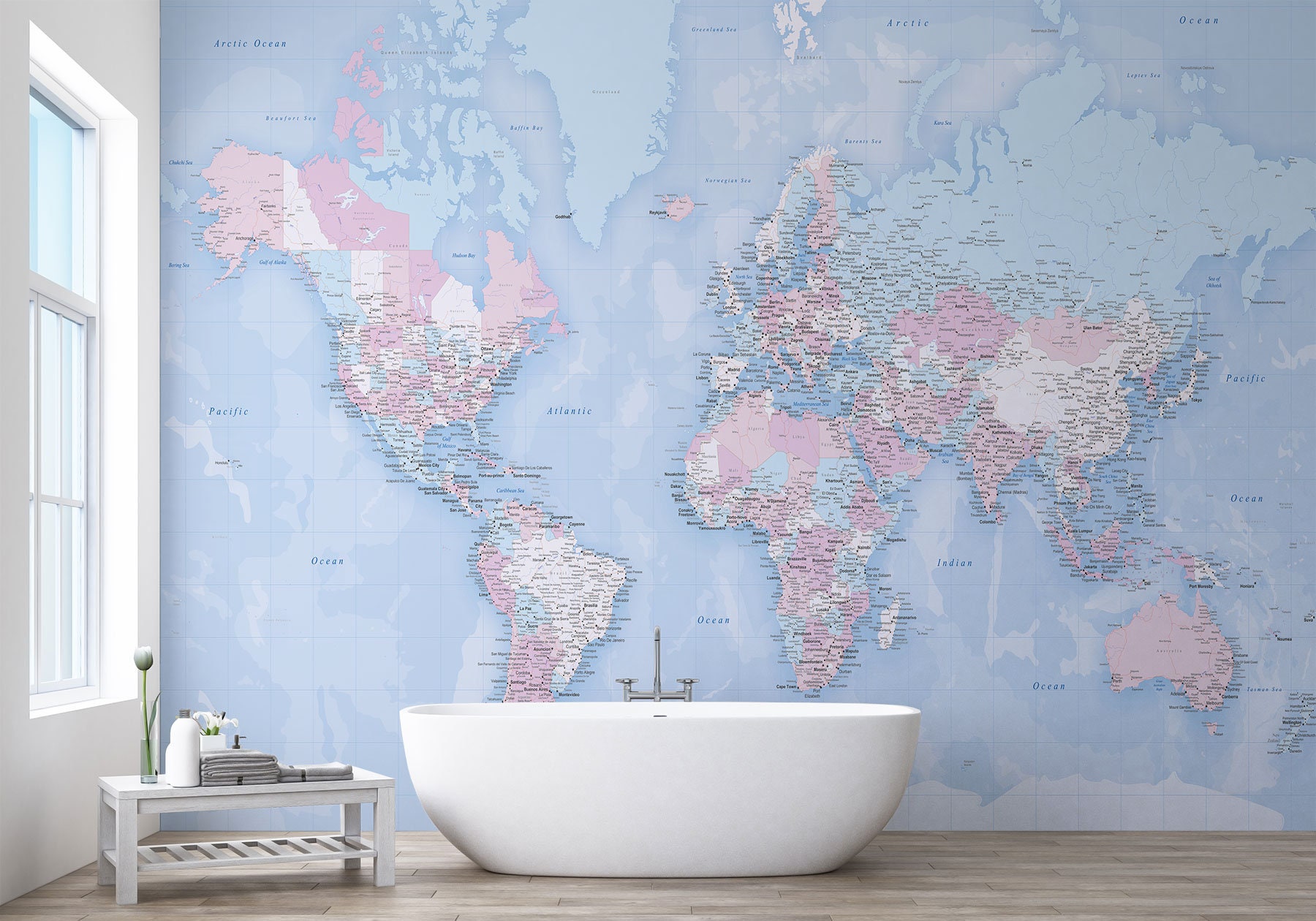 Detailed Light Color World Map Wallpaper Blue Political - Etsy UK