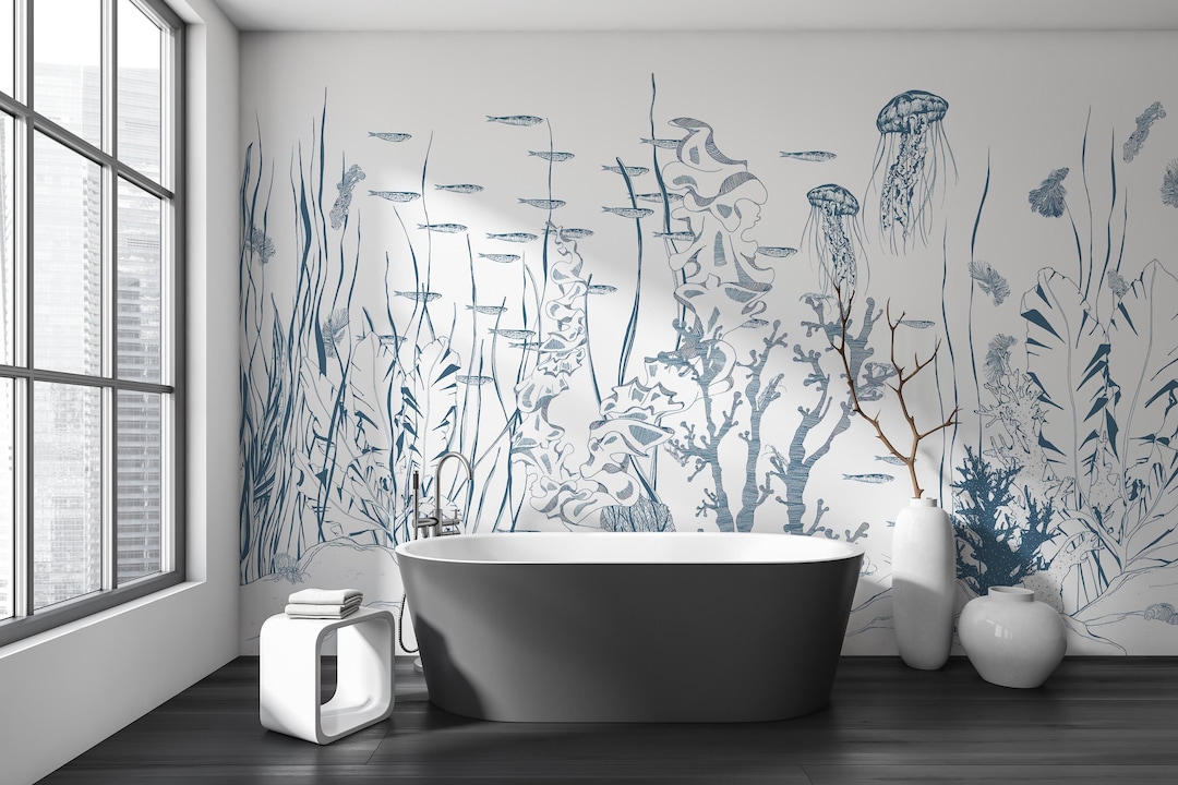 Blue Seabed Wallpaper: Non-woven Nautical Wall Art - Etsy