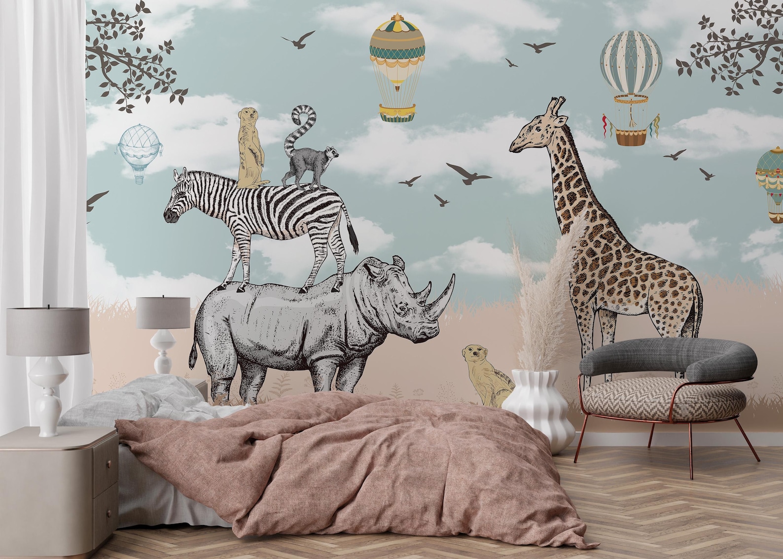 Vintage Safari Animals With Hot Air Balloons Wall Art - Etsy