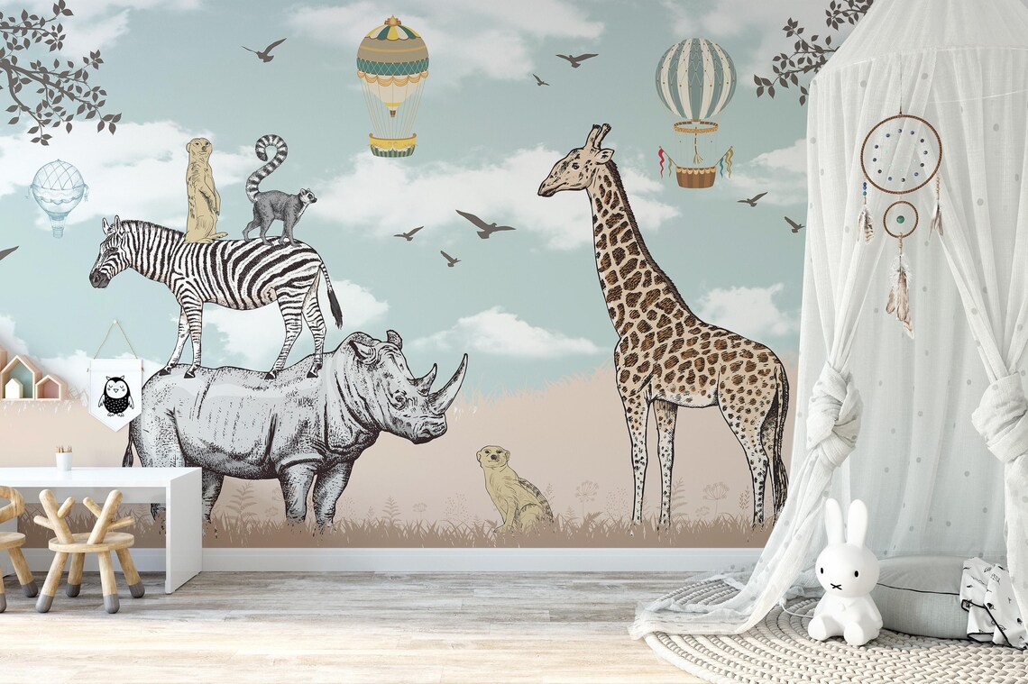 Vintage Safari Animals With Hot Air Balloons Wall Art - Etsy
