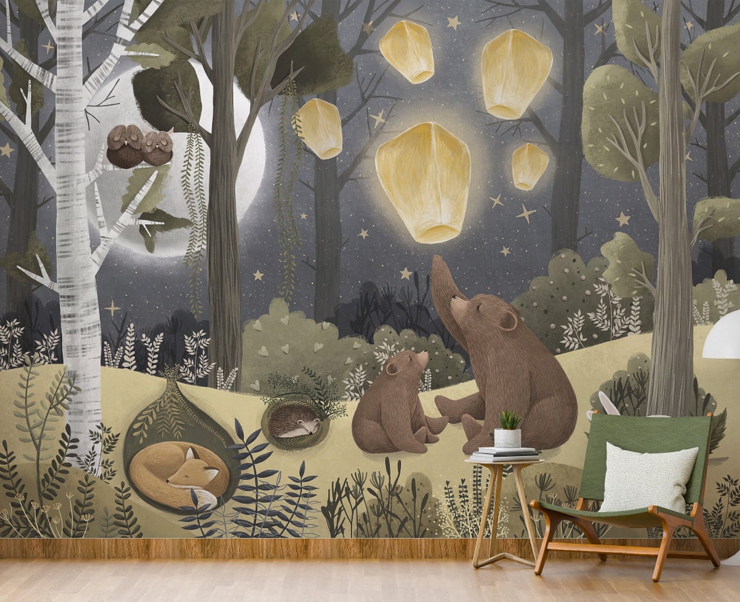 Green Forest and Night Animals Mural White Moon With Lantern Wallpaper ...