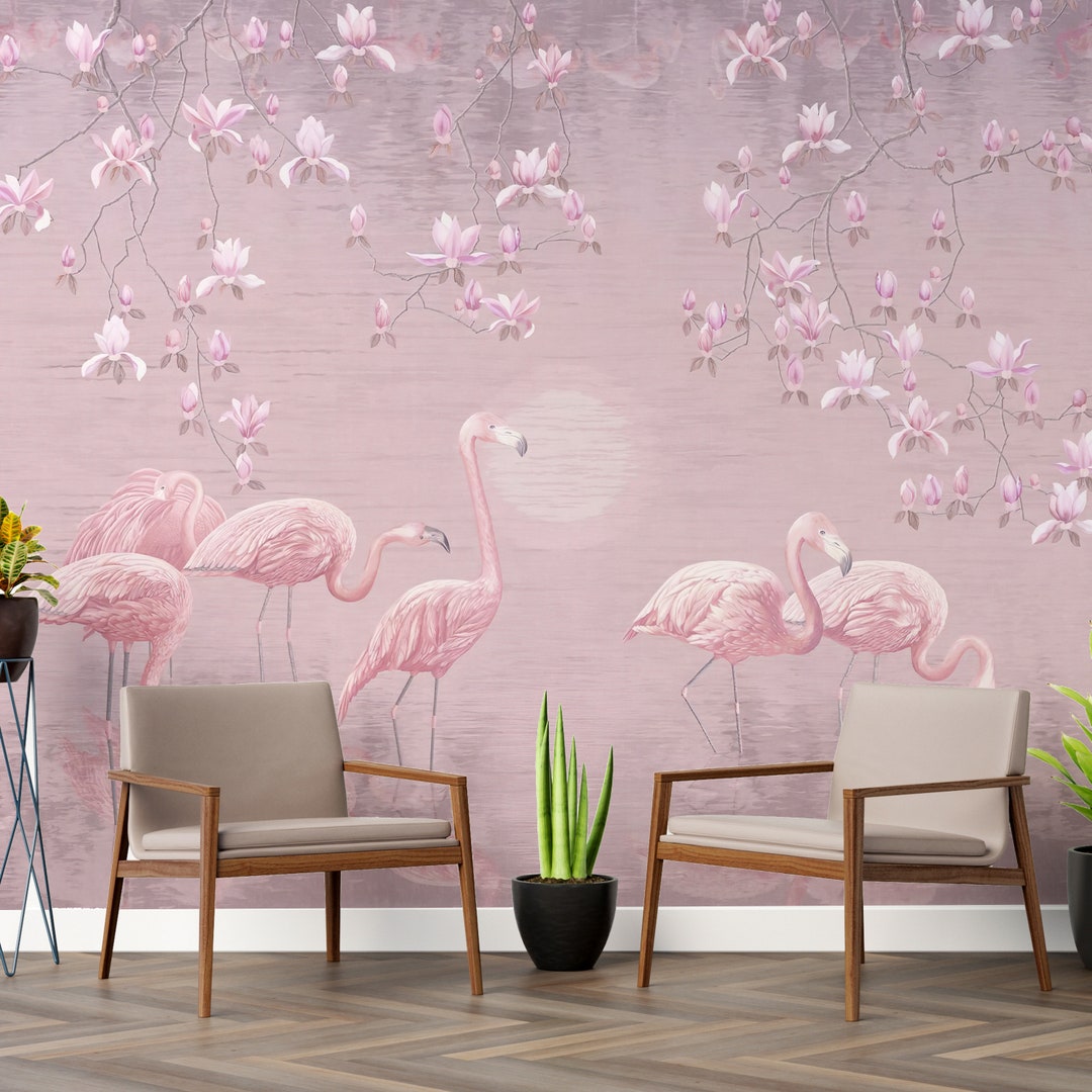 Magnolia Flamingo Wallpaper Mural Elegant Floral & Bird Fusion for ...