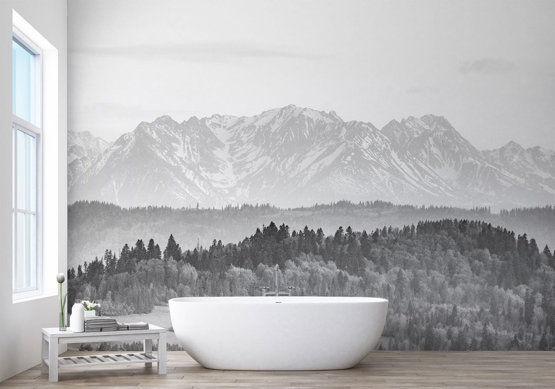 Black and White Mountain Wallpaper Snow Covered High Hill Top Mural ...