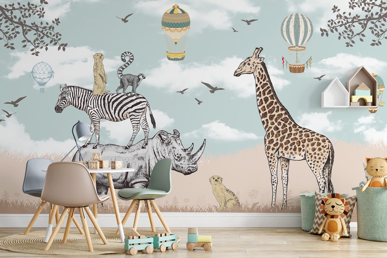 Vintage Safari Animals With Hot Air Balloons Wall Art - Etsy