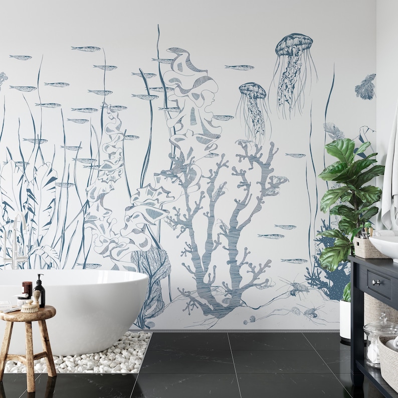 Blue Seabed Wallpaper: Non-woven Nautical Wall Art - Etsy