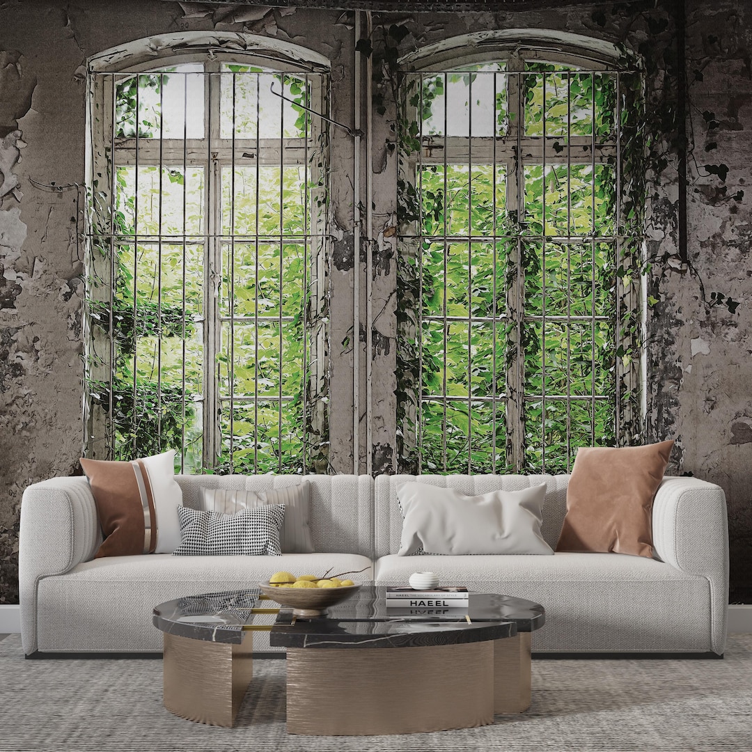 Vintage Window View Wallpaper Mural: Rustic Nature Landscape Wall Decor ...